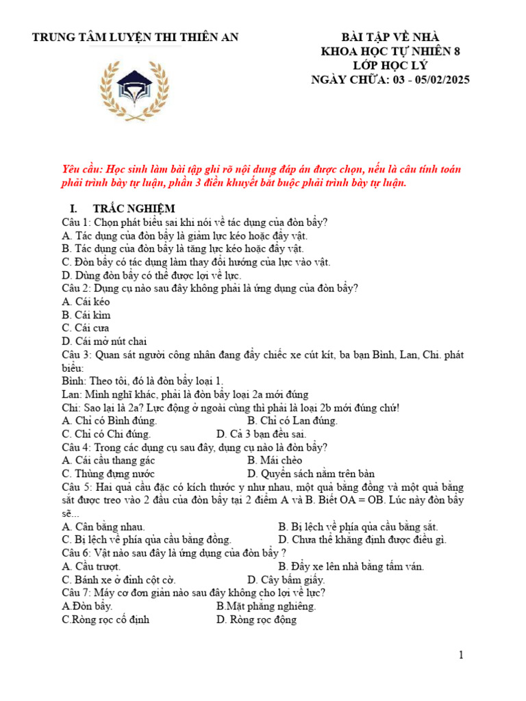 BTVN KHTN 8 Lý 03-05-02 | PDF