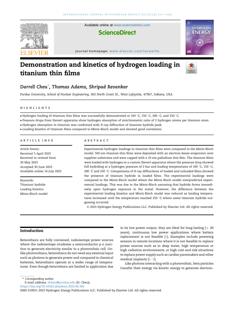 Demonstration and Kinetics of Hydrogen Loading in Darrel in IJHE 2024 ...