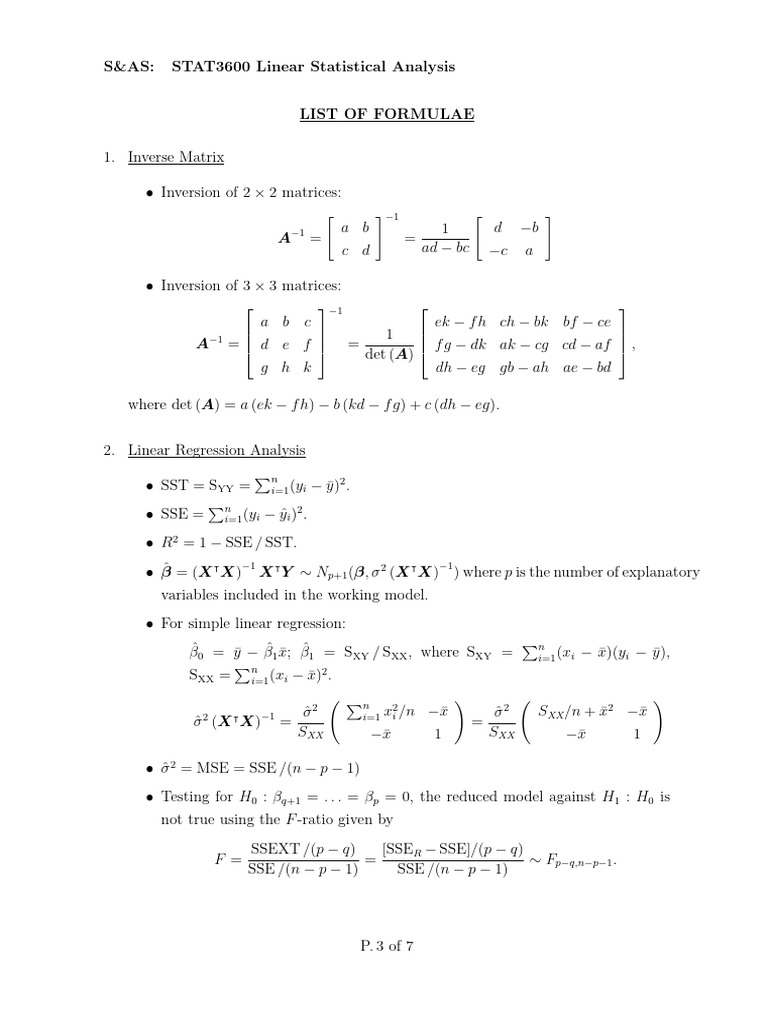 STAT3600_test_formulae | PDF | Vector Space | Statistical Inference