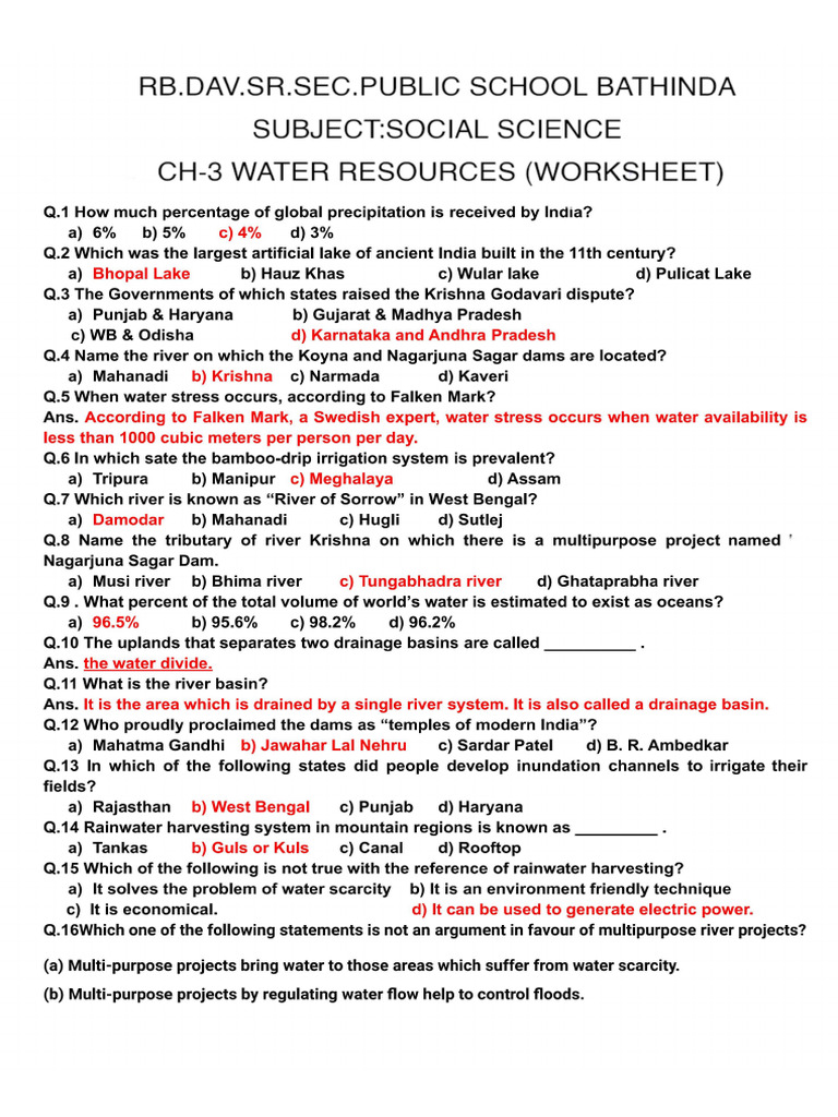 Worksheet CH.3 Water Resources | PDF