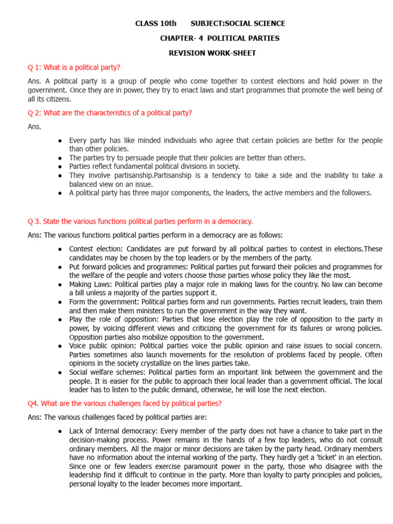CH.4 Political Parties Worksheet | PDF | Elections | Democracy