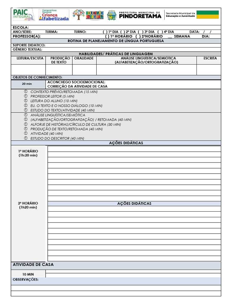 Planejamento Semanal - Rotina | PDF