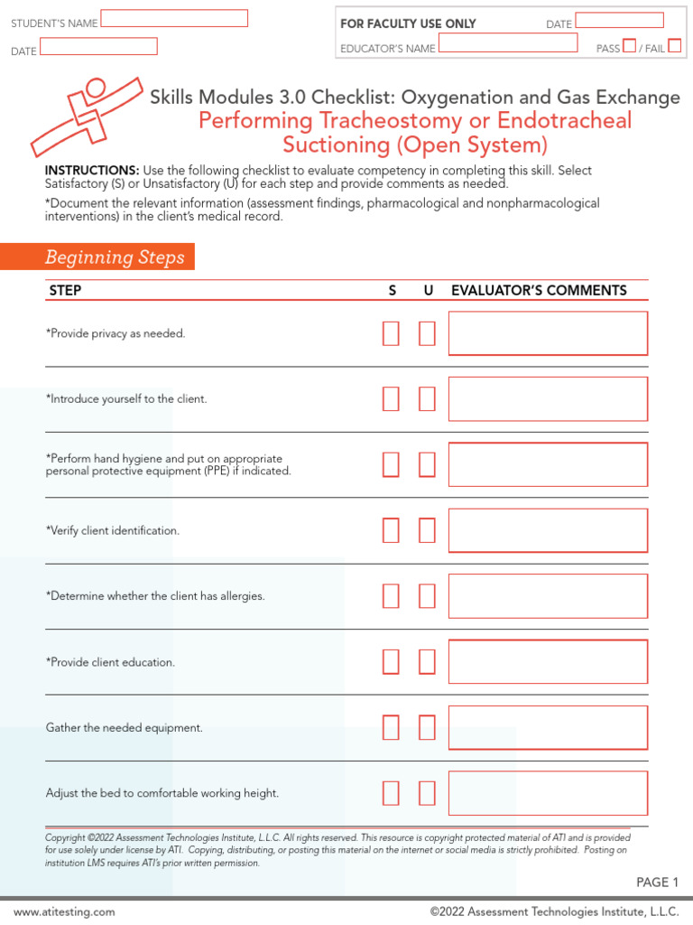 Skills Checklist Oxygenation TrachEndoSuctioning | PDF | Medical ...