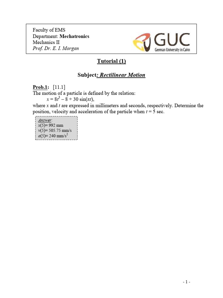 Rectilinear Motion Mechanics Tutorial | PDF | Acceleration | Velocity