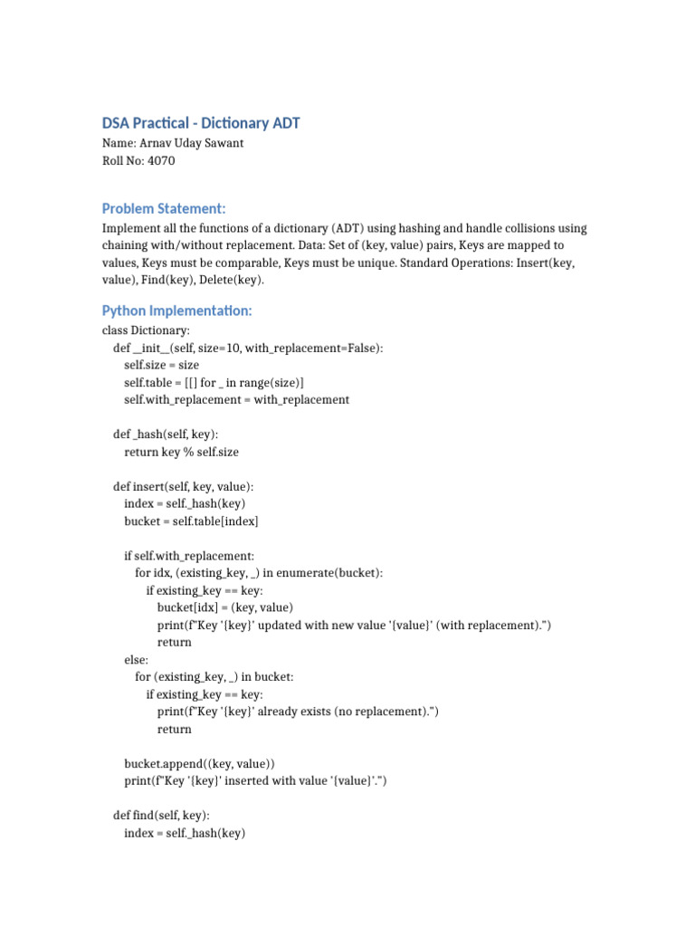 DSA Practical Dictionary ADT | PDF | Applied Mathematics | Computer Science