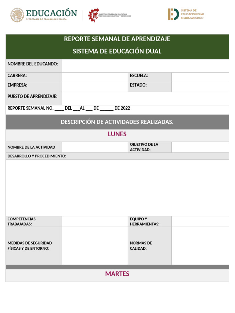 Reporte Semanal Educación Dual | PDF | Aprendizaje