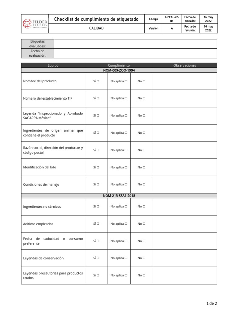 F-PCAL-22-01 Rev. a Checklist de Cumplimiento de Etiquetado[1] | PDF | Alergia | Industria de ...