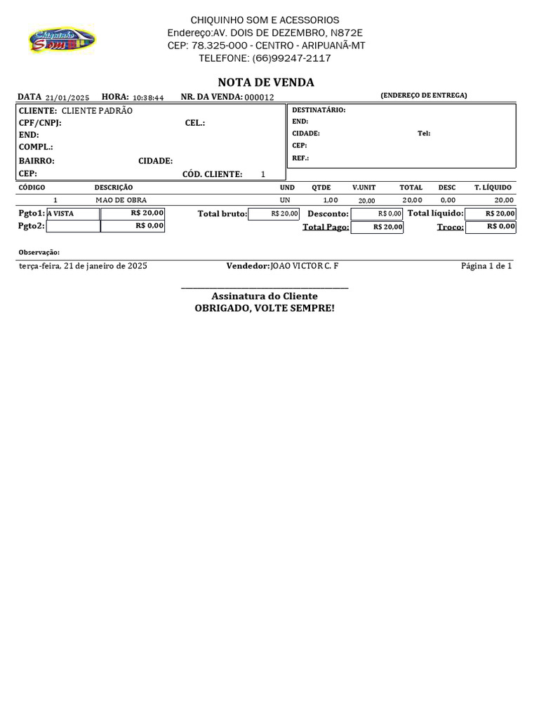 Nota Venda Cliente Dia 20 | PDF