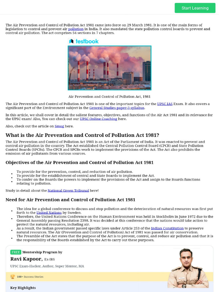 Air (Prevention and Control of Pollution) Act, 1981 - in Detail | PDF