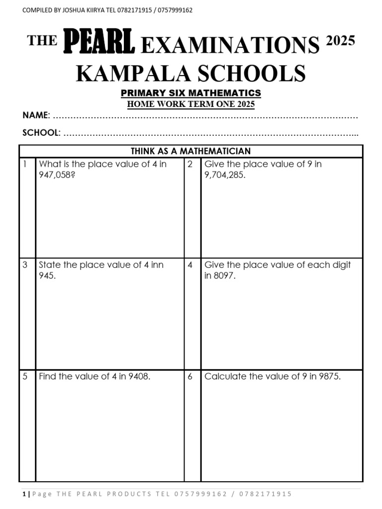 Pearl p.6 Maths Home Work Term One 2025 | PDF