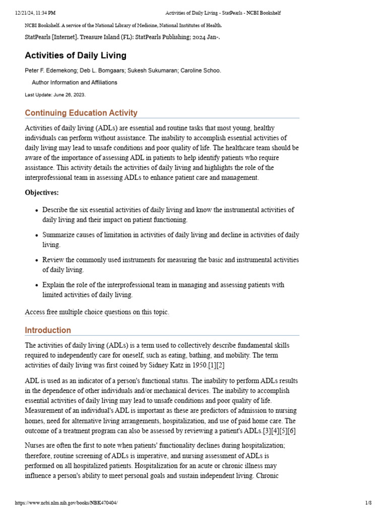 Understanding Activities of Daily Living | PDF | Physical Therapy | Nursing