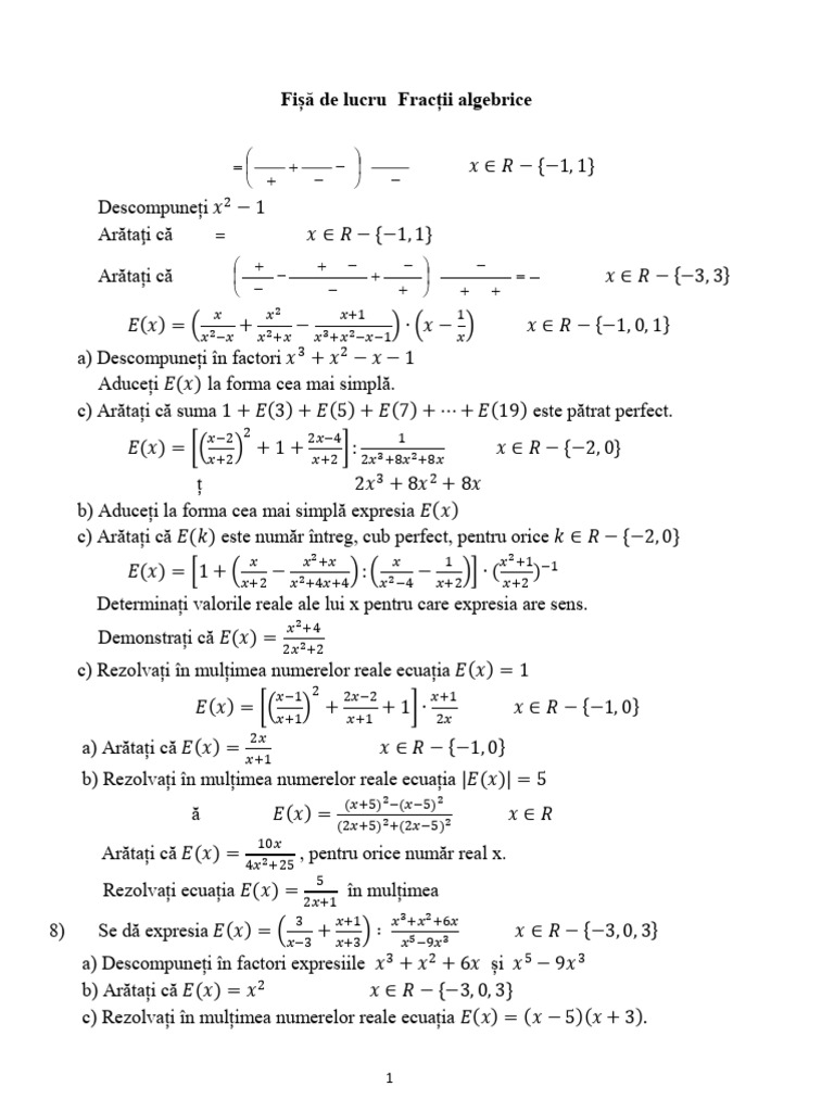 Fisa de Lucru Fractii Algebrice Cls 8 | PDF
