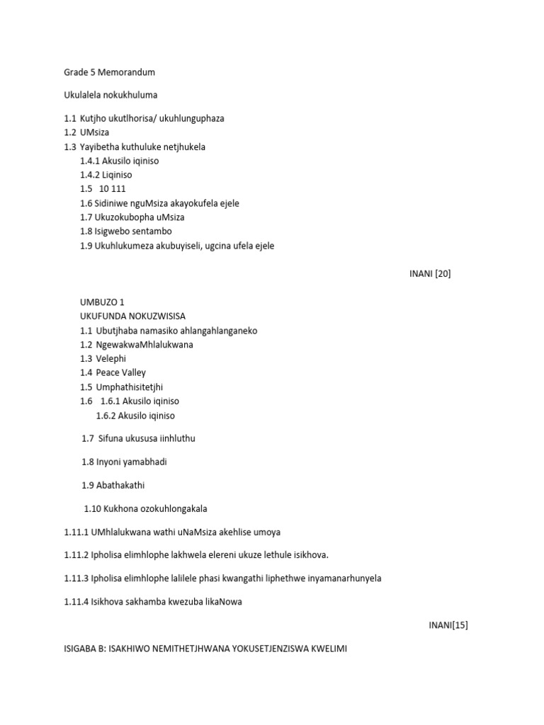 Grade 5 Memorandum | PDF