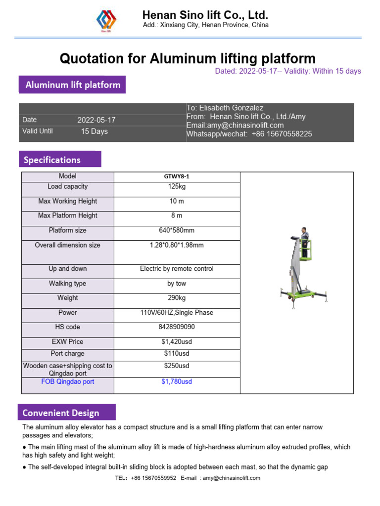 8m Single Mast Lift FOB Qingdao Quotation | PDF | Elevator | Welding