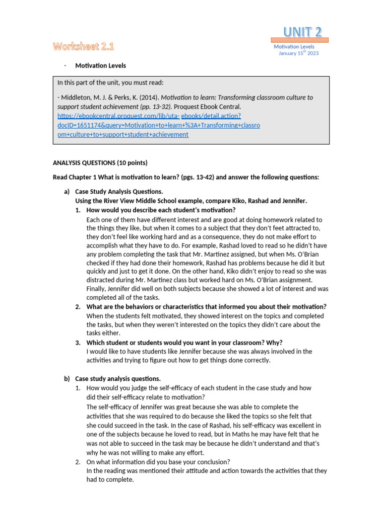 Worksheet 2.1. | PDF | Self Efficacy | Motivational