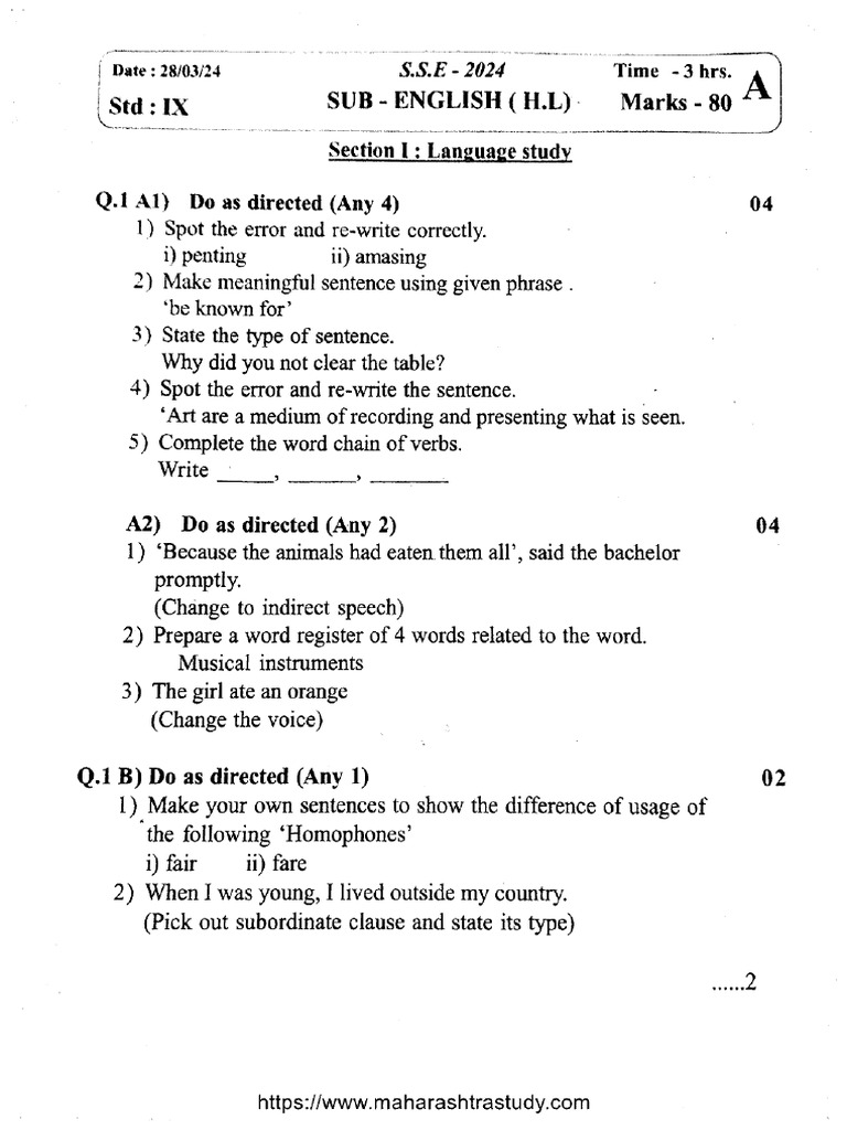 MH Board Class 9 2 Sem English HL Set A 270924 Mar 2024 | PDF