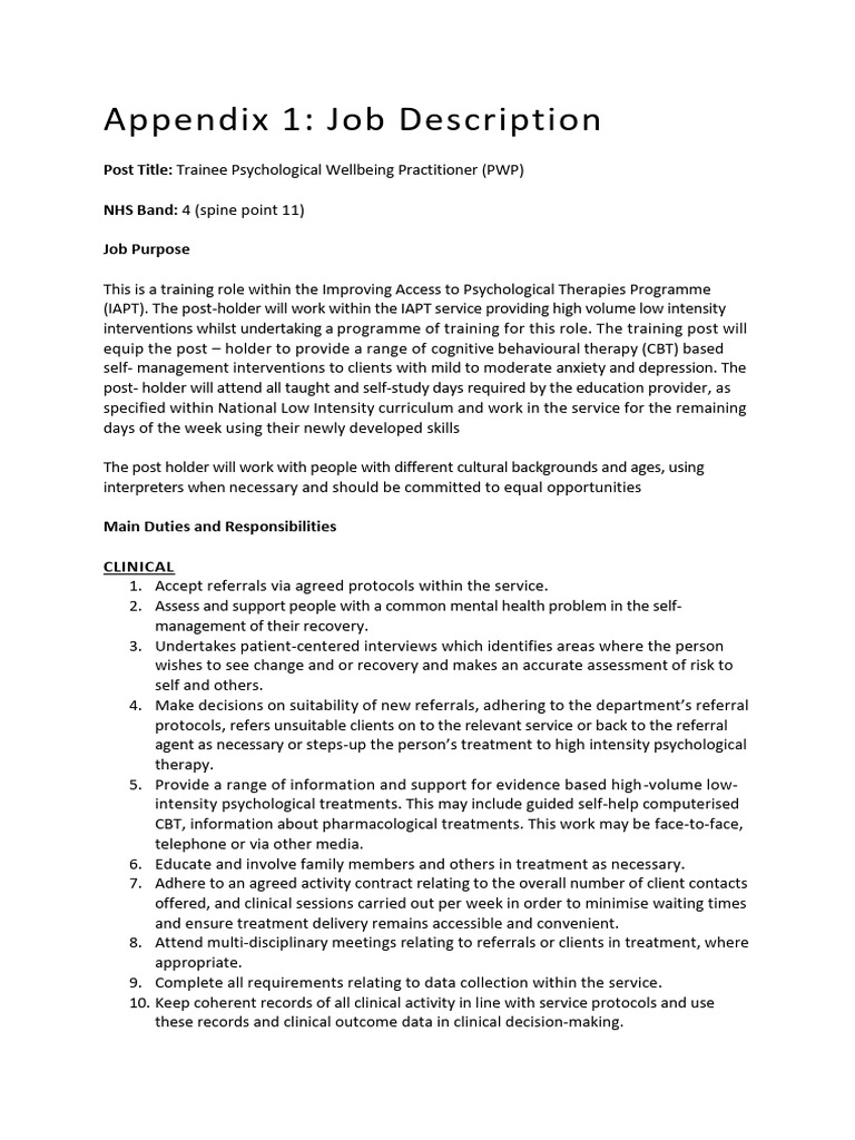 Trainee PWP JD and Person Spec | PDF | Health Care | Psychology