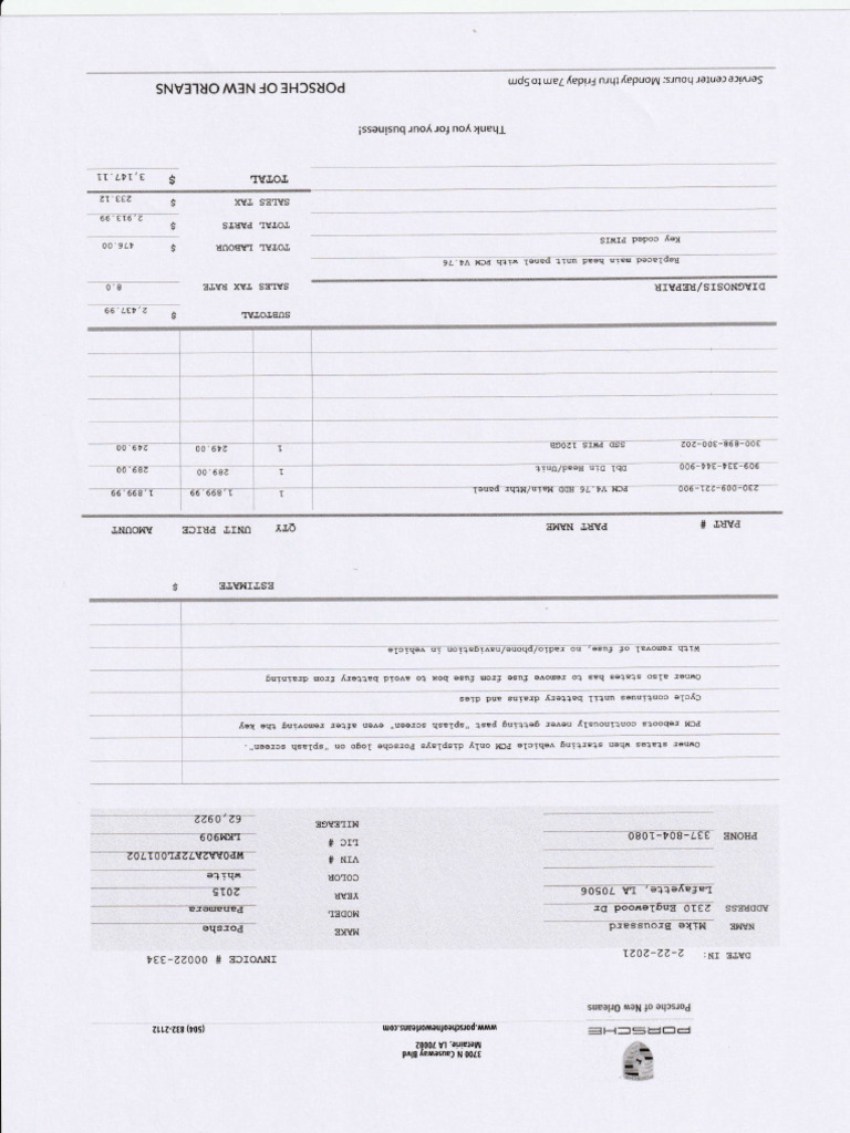 Porsche Invoice and Receipt Details | PDF