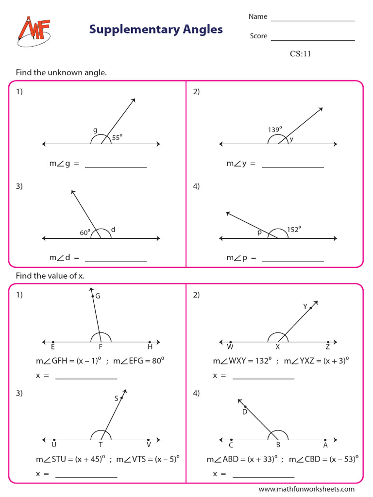 Supplementary Angles Worksheet 2 | PDF
