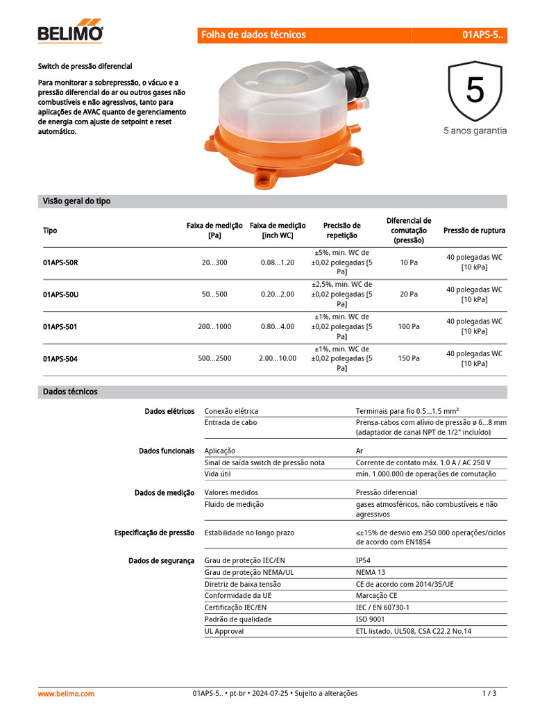 Belimo 01APS-5.. Datasheet PT-BR | PDF | Pressão | Ar condicionado