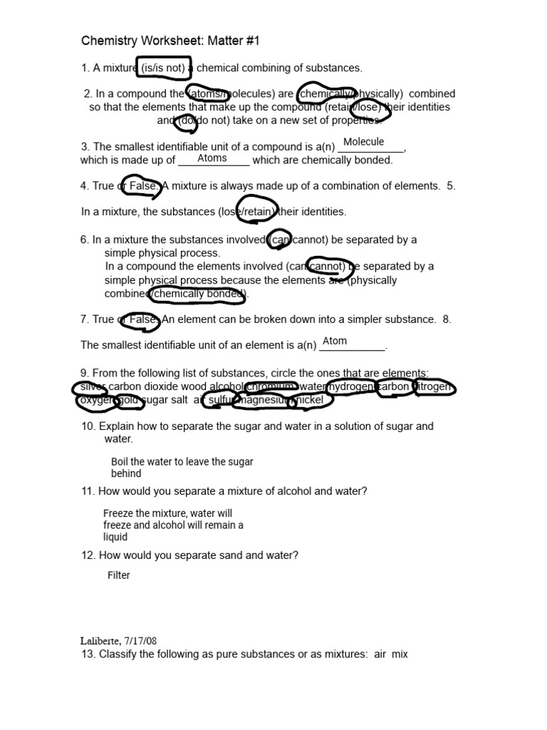 Chemistry Worksheet on Matter Concepts | PDF | Mixture | Chemical Compounds