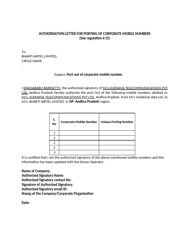 Authorisation Letter for Porting of Corporate Mobile Numbers1 (002) (3 ...