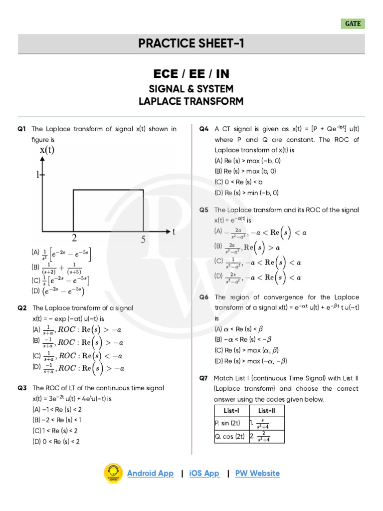 Laplace Transform - Practice Sheet 01 | PDF | Calculus | Electronics