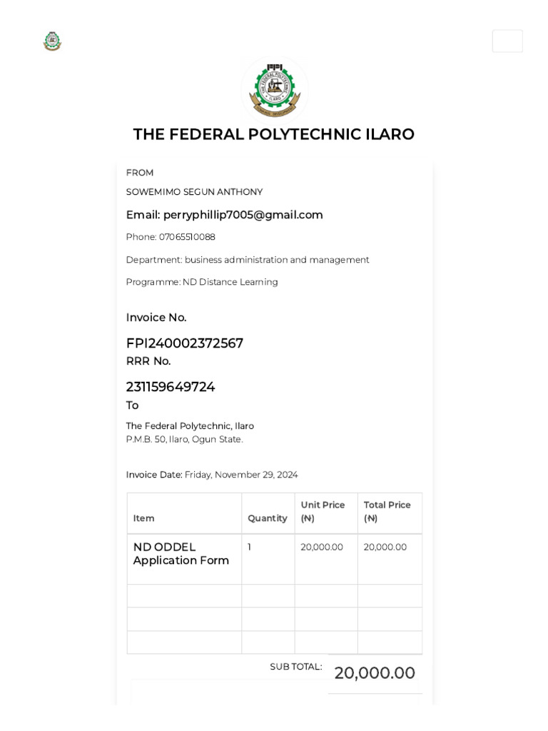 Invoice - The Federal Polytechnic Ilaro | PDF