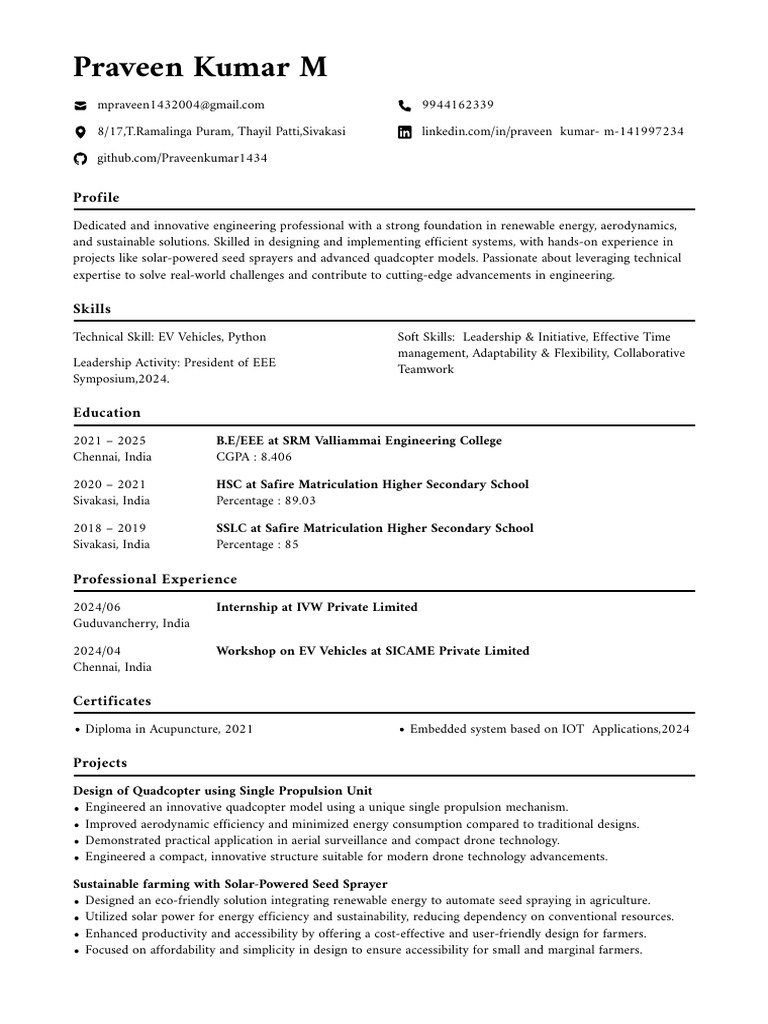 Praveen-Kumar-M - Updated Resume EEE Core | PDF | Quadcopter ...