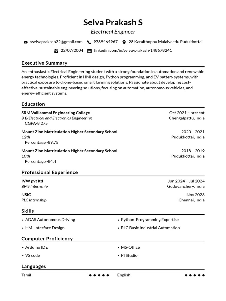 Selva Eee Resume 2 | PDF | Automation | Electrical Engineering