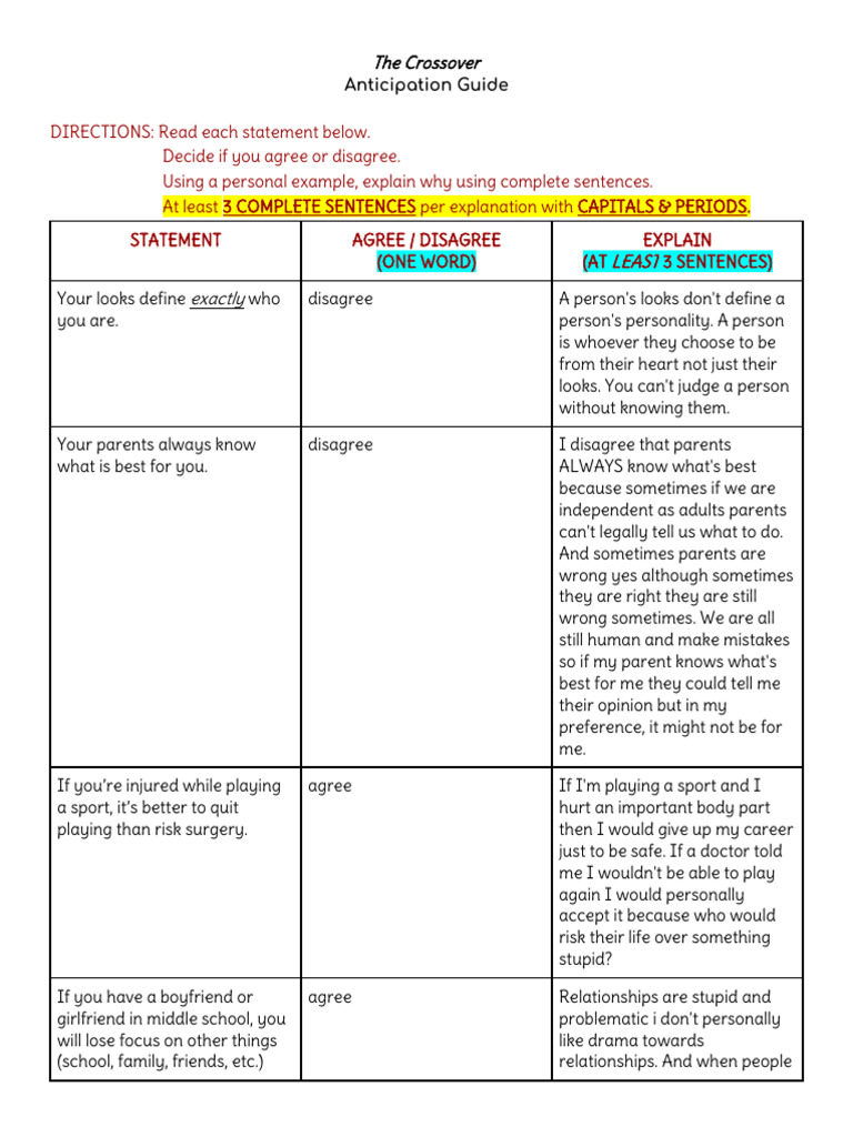 Izabella Dye (STUDENT) - Copy of The Crossover Anticipation Guide | PDF