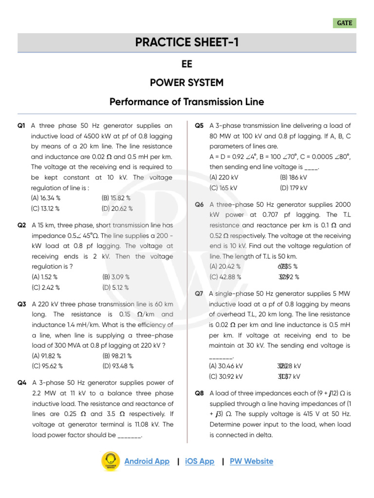 Performance of Transmission Line - Practice Sheet 01 (By Ajay Sir) | PDF | Electric Power ...