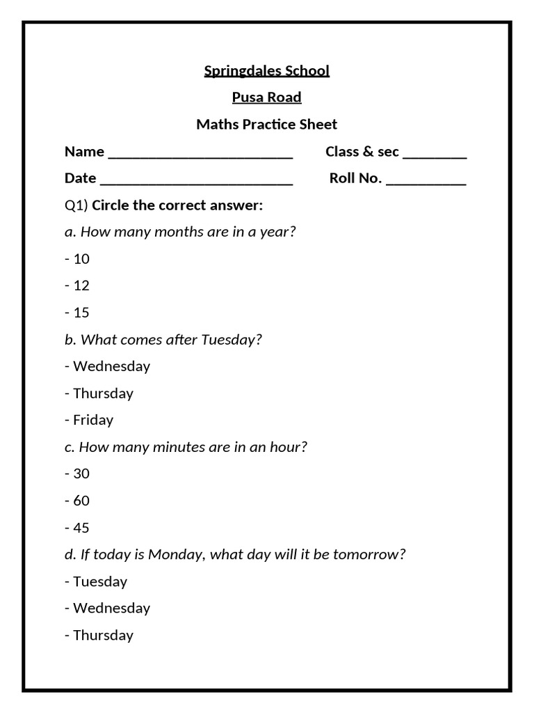 Calendar and Time Practice Sheet | PDF