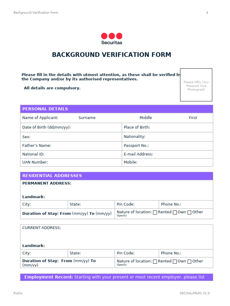 Securitas India - Background Verification Form - Individual 1 | PDF