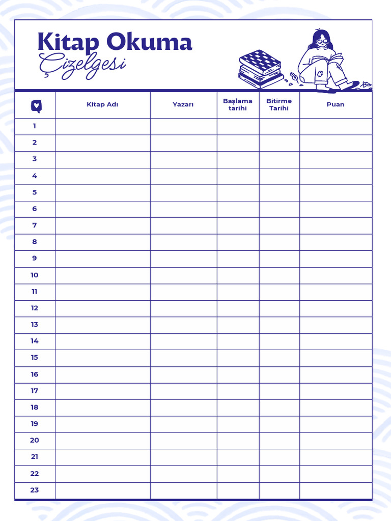 Mavi Desenli Kitap Okuma Takip Çizelgesi A4 Belge | PDF