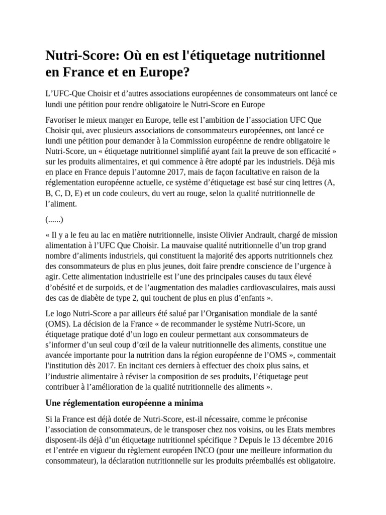Nutri-Score : État des lieux en Europe | PDF | Information ...