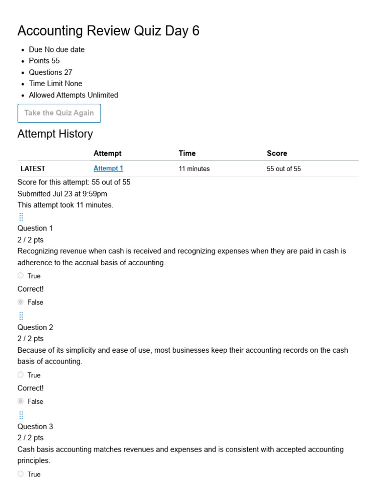 Accounting Review Quiz Results Day 6 | PDF | Debits And Credits | Deferral