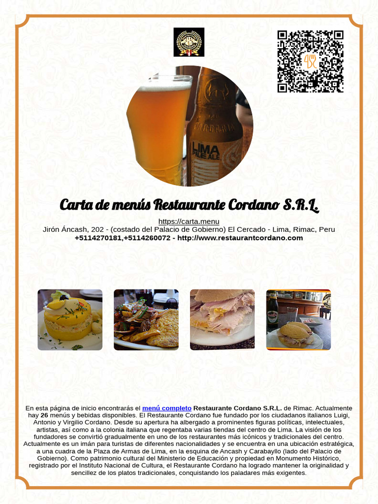 Restaurante Cordano SRL Rimac Carta | PDF | Restaurantes | Lima