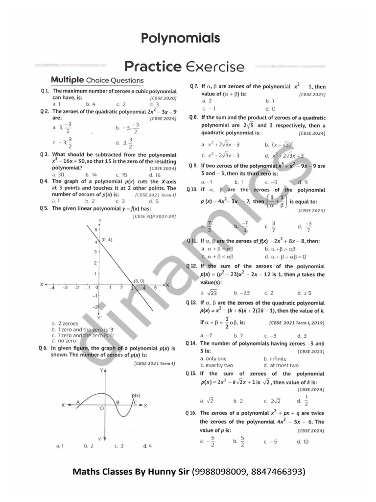 Polynomials MCQ | PDF