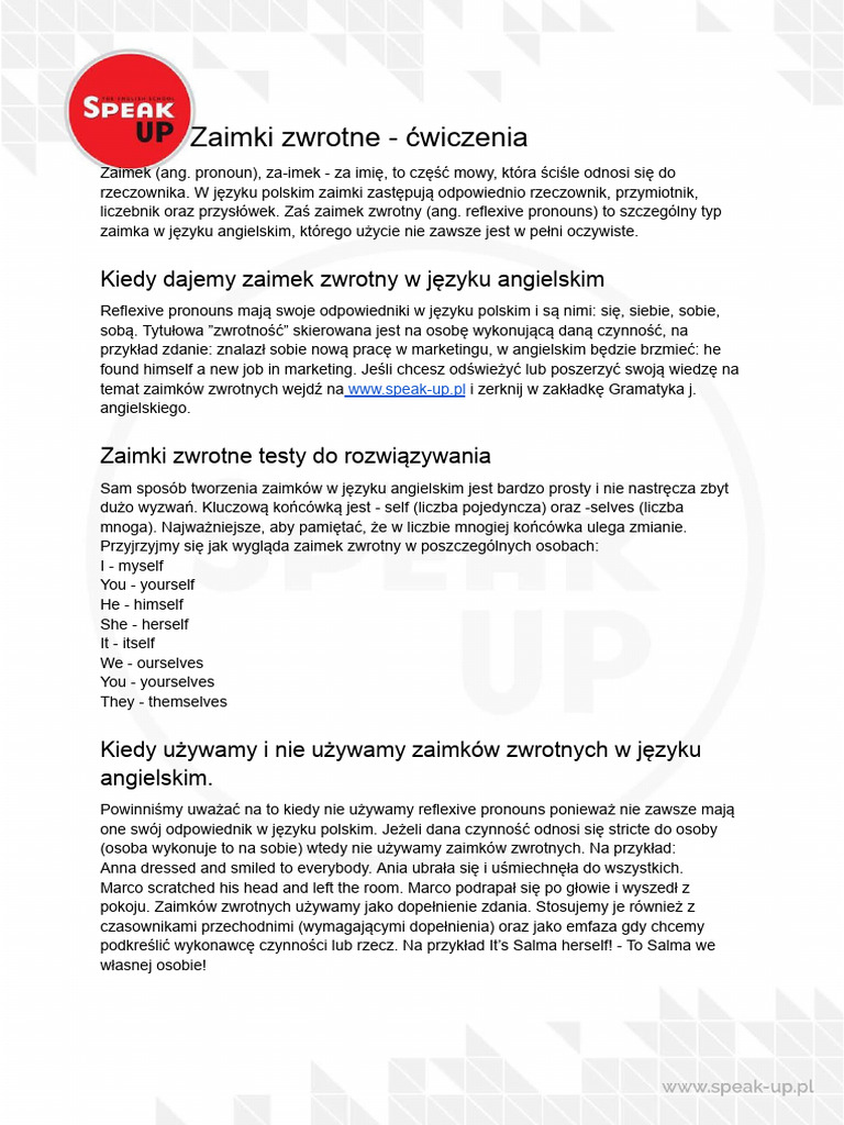 Cwiczenia Zaimki Zwrotne | PDF