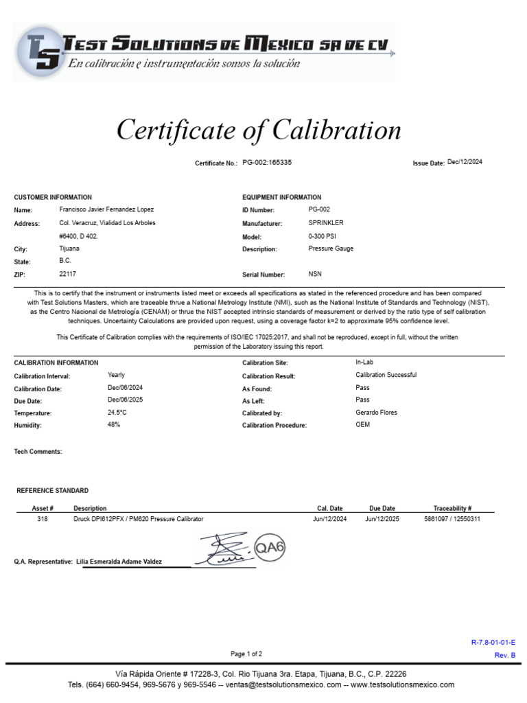 Calibration Certificate for Pressure Gauge | PDF | Calibration ...