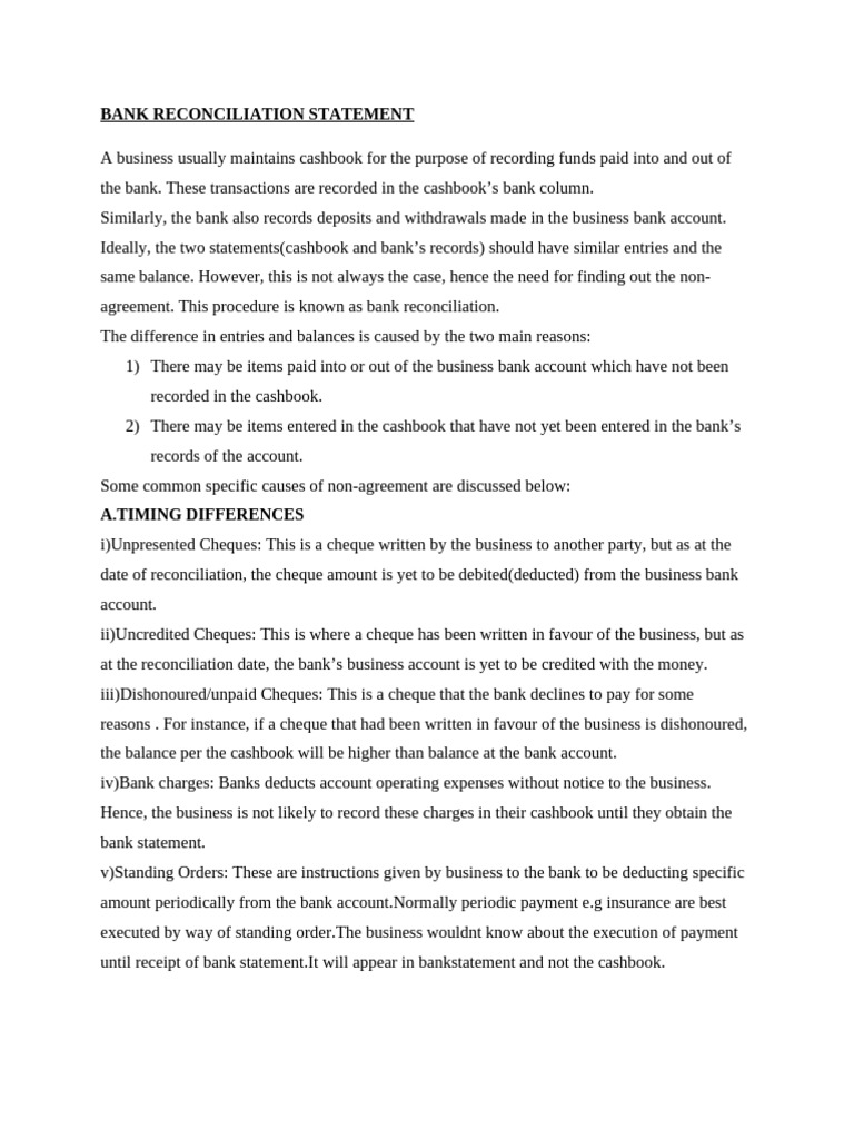 Bank Reconciliation Statement | PDF | Banks | Cheque