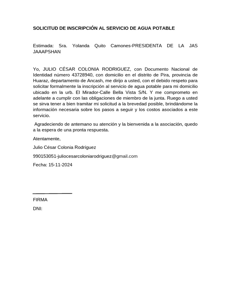 Solicitud de Inscripción Al Servicio de Agua Potable | PDF
