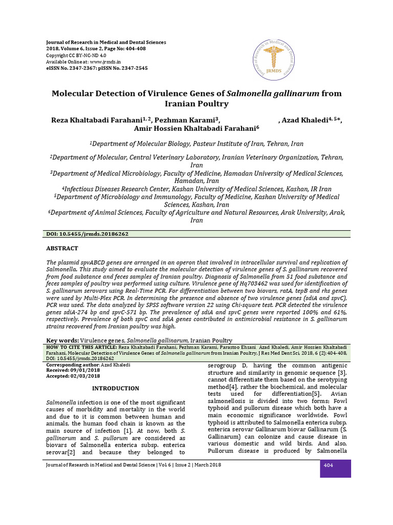Molecular Detection of Virulence Genes of Salmonella Gallinarum From ...