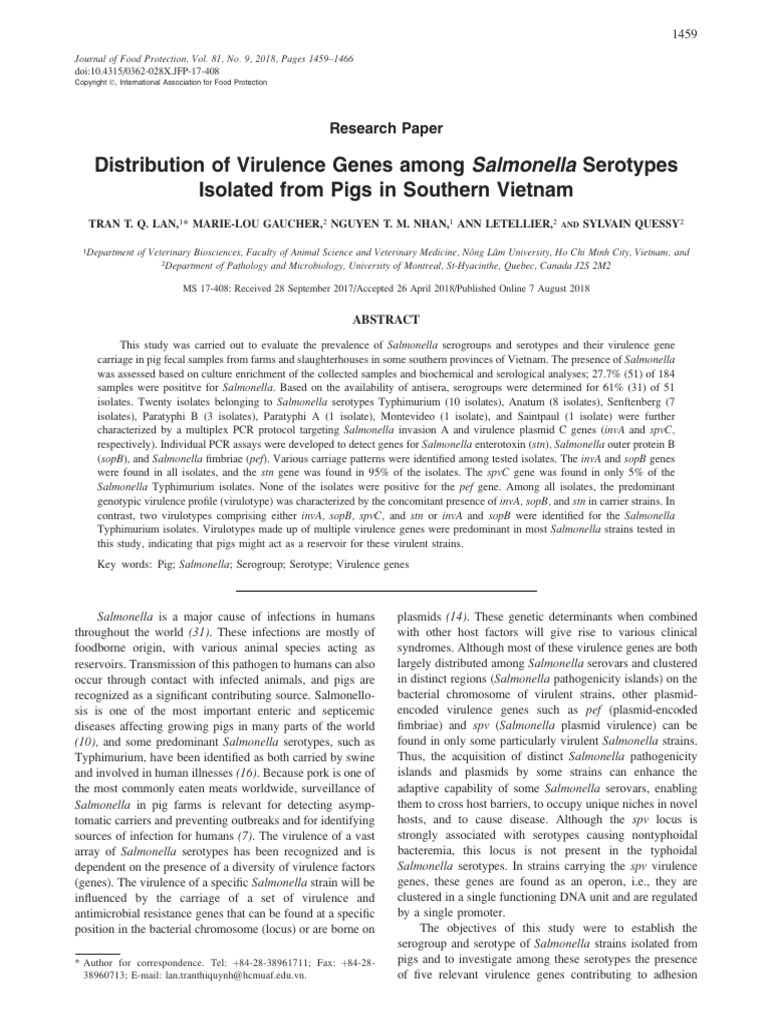 Distribution of Virulence Genes Among Salmonella Serotypes Isolated ...