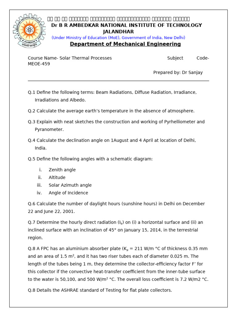 Assignment #1 (Basic Concepts & Solar Collectors) | PDF