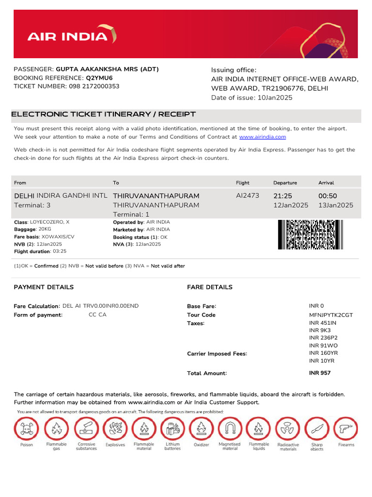 Electronic Ticket Itinerary / Receipt: Date of Issue: 10jan2025 | PDF