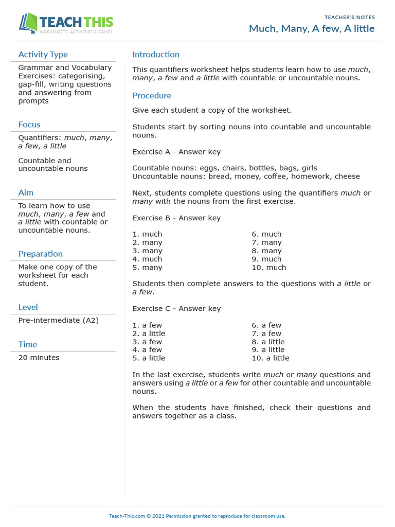 Much Many A Few A Little Worksheet | PDF | Noun | Linguistic Morphology