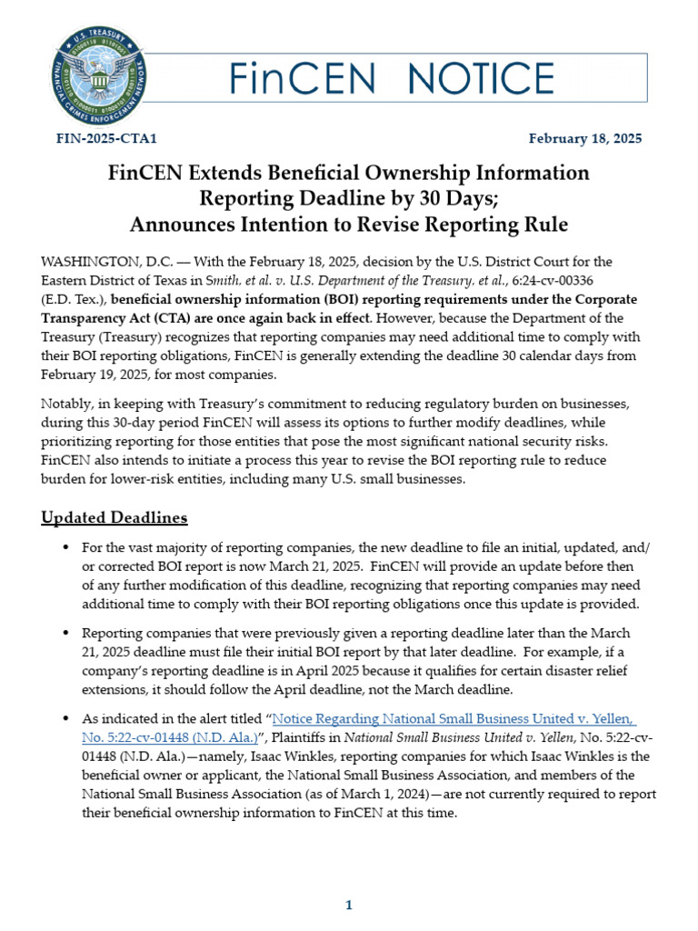 FinCEN Extends BOI Reporting Deadline | PDF | United States Law | Justice