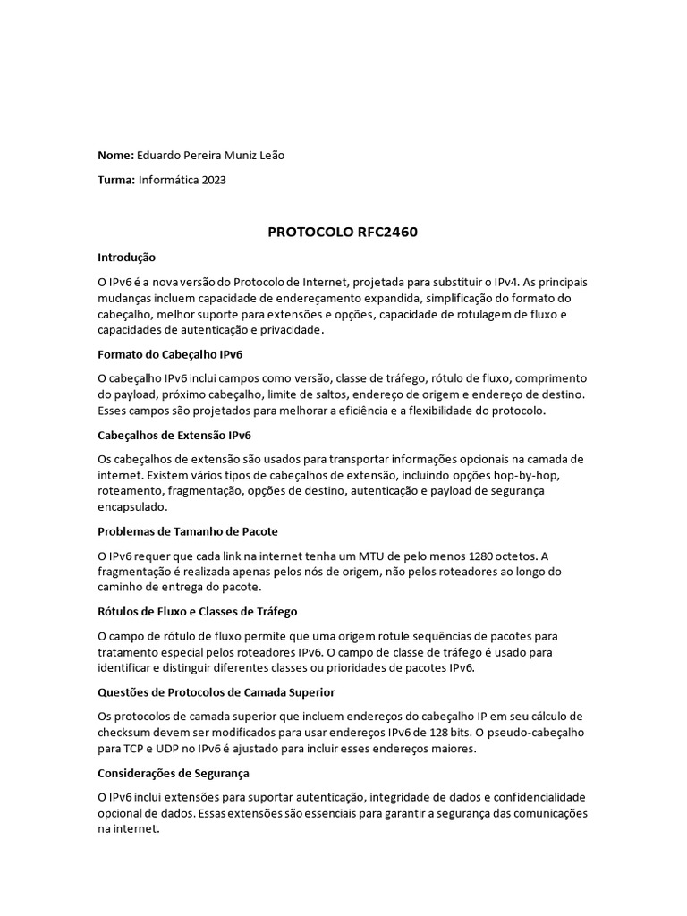 Protocolos IPv6: RFC2460 e RFC4291 | PDF | I Pv6 | Protocolos da internet